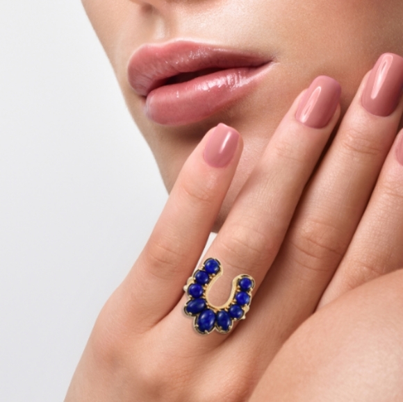 Karis | Jewelry | 4k Yellow Gold Over Brass Lapis Lazuli Horseshoe Ring ...